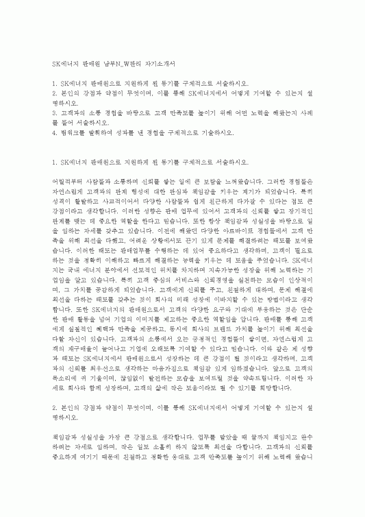 SK에너지 판매원 남부N_W관리 자기소개서