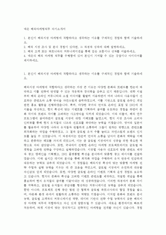 넥슨 해외마케팅직무 자기소개서