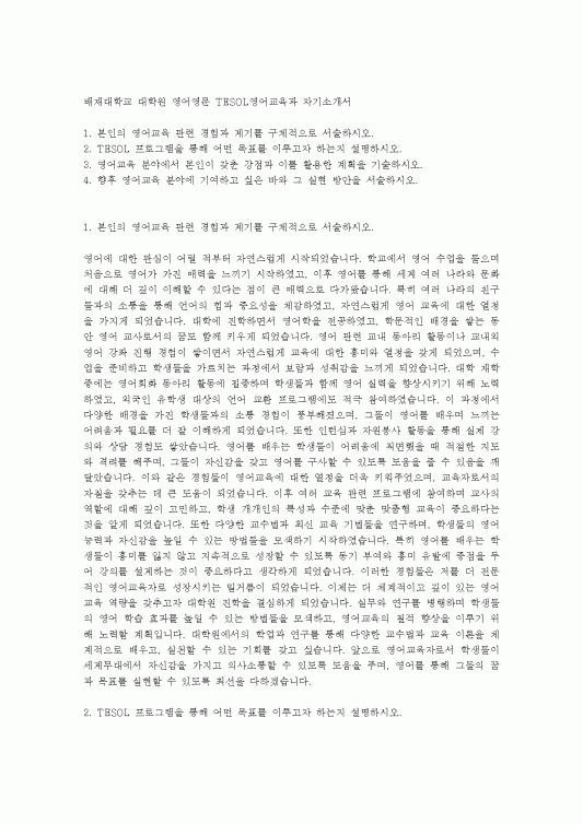 배재대학교 대학원 영어영문 TESOL영어교육과 자기소개서