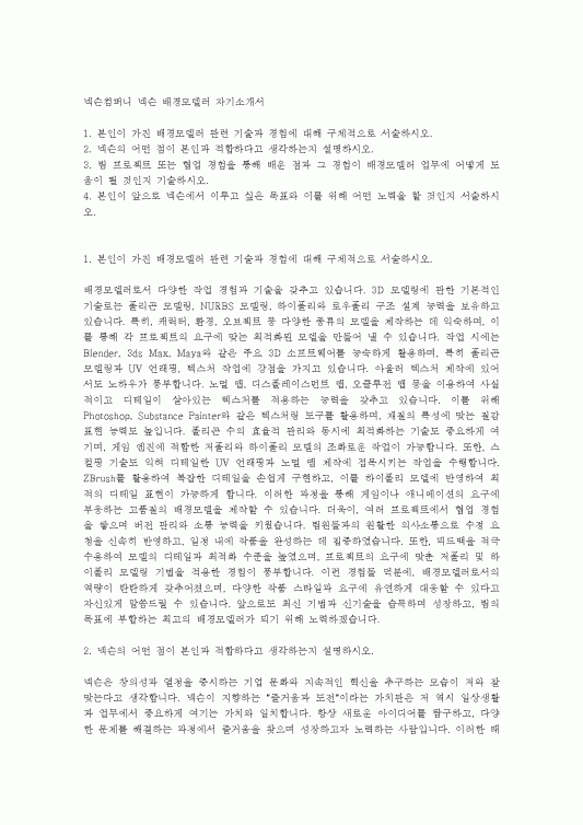 넥슨컴퍼니 넥슨 배경모델러 자기소개서