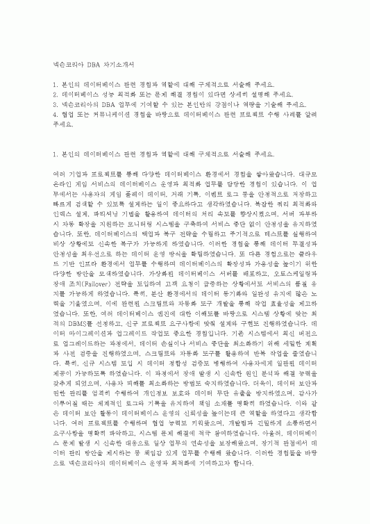 넥슨코리아 DBA 자기소개서