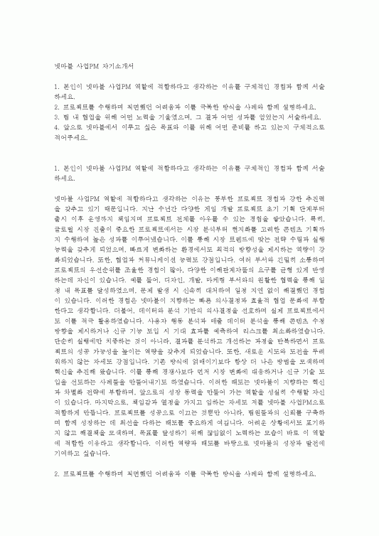 넷마블 사업PM 자기소개서