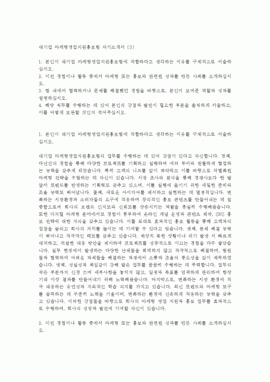 대기업 마케팅영업지원홍보팀 자기소개서 (3)