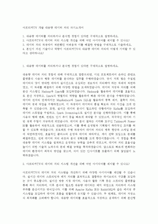 아프리카TV 개발 대용량 데이터 처리 자기소개서