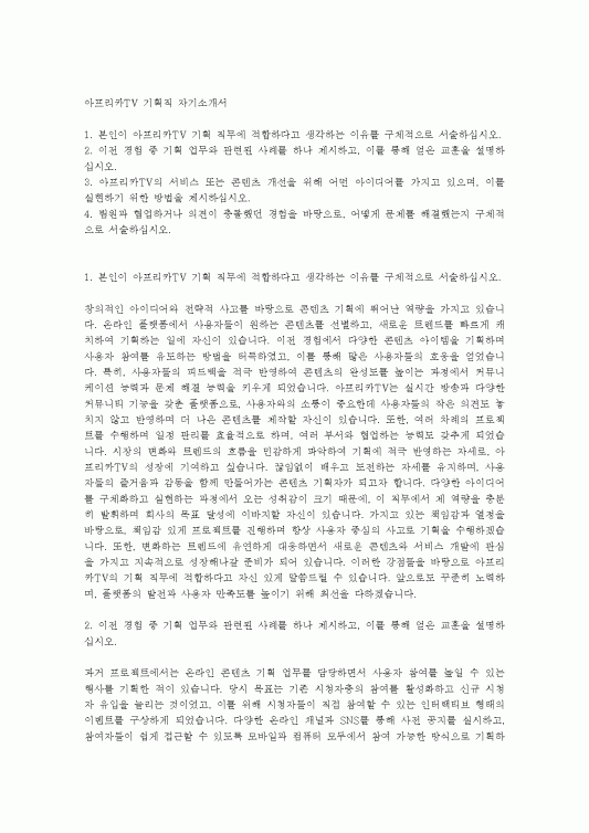 아프리카TV 기획직 자기소개서