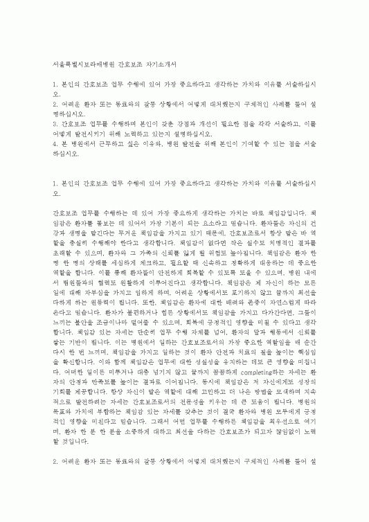 서울특별시보라매병원 간호보조 자기소개서