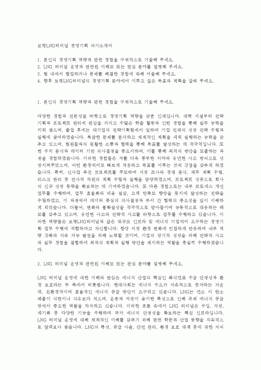 보령LNG터미널 경영기획 자기소개서