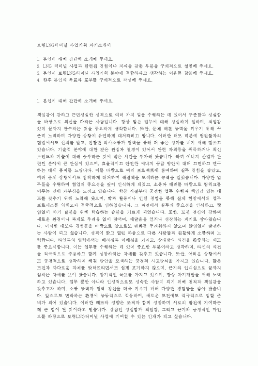 보령LNG터미널 사업기획 자기소개서