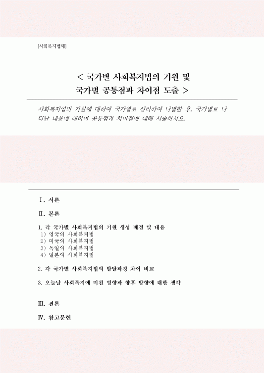 사회복지법의 기원에 대하여 국가별로 정리하여 나열한 후 국가별로 나타난 내용에 대하여 공통점과 차이점에 대해