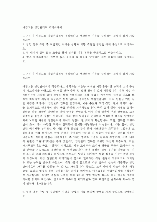 애경그룹 영업관리직 자기소개서