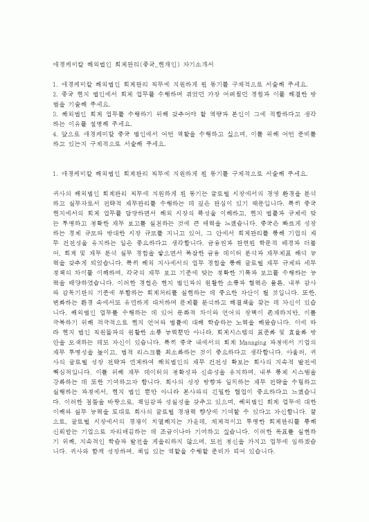 애경케미칼 해외법인 회계관리(중국_현채인) 자기소개서