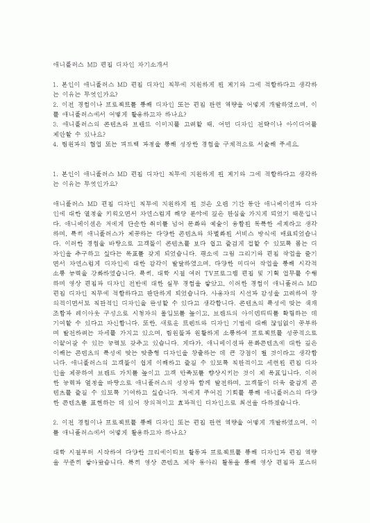 애니플러스 MD 편집 디자인 자기소개서