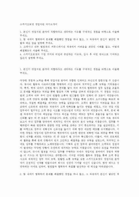 스카이오토넷 영업지원 자기소개서