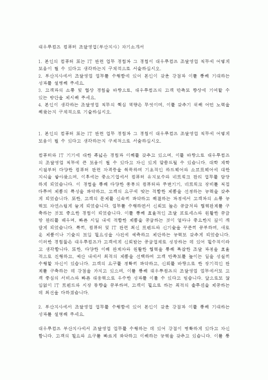 대우루컴즈 컴퓨터 조달영업(부산지사) 자기소개서