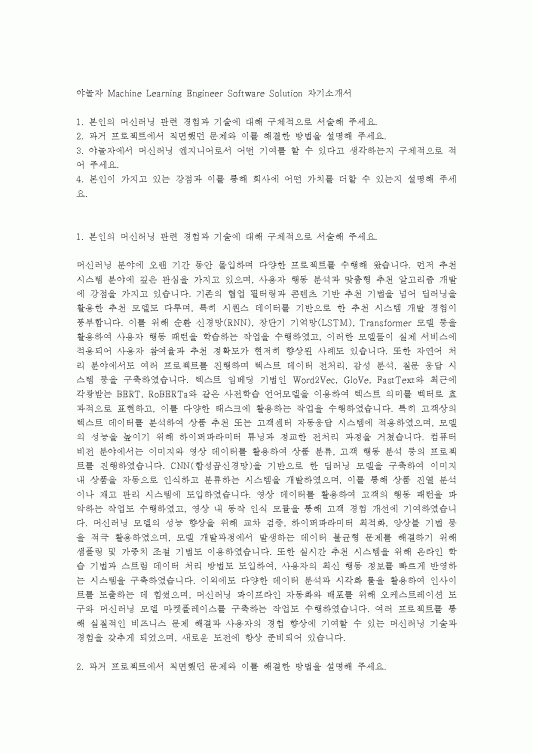 야놀자 Machine Learning Engineer Software Solution 자기소개서