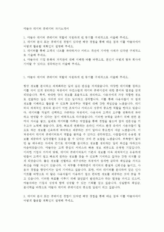 야놀자 데이터 큐레이터 자기소개서