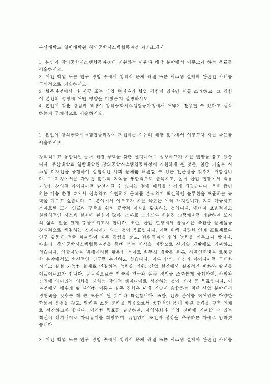 부산대학교 일반대학원 창의공학시스템협동과정 자기소개서