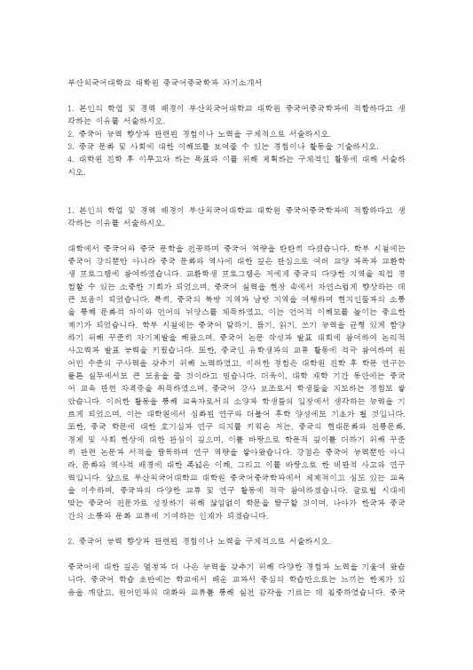 부산외국어대학교 대학원 중국어중국학과 자기소개서