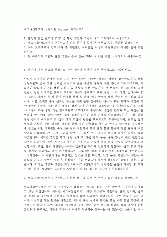 매그나칩반도체 공정기술 Engineer 자기소개서