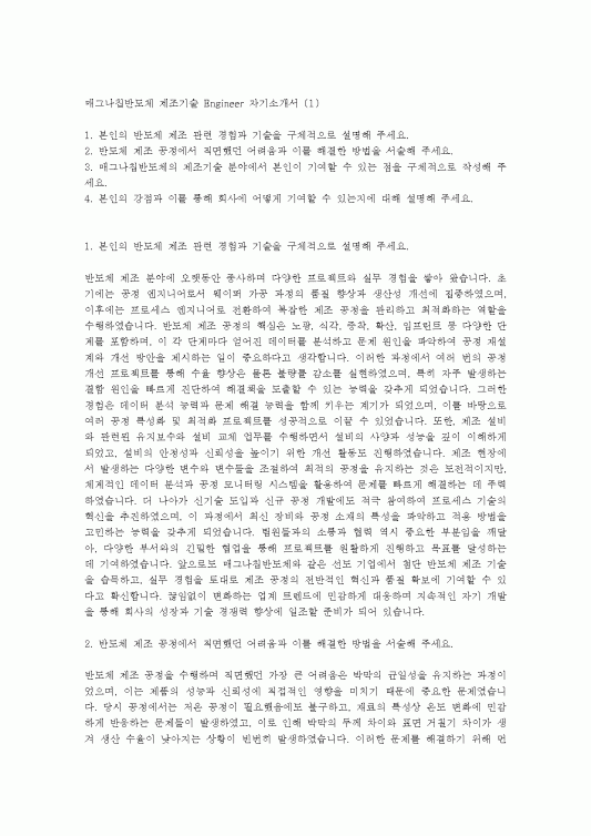 매그나칩반도체 제조기술 Engineer 자기소개서 (1)