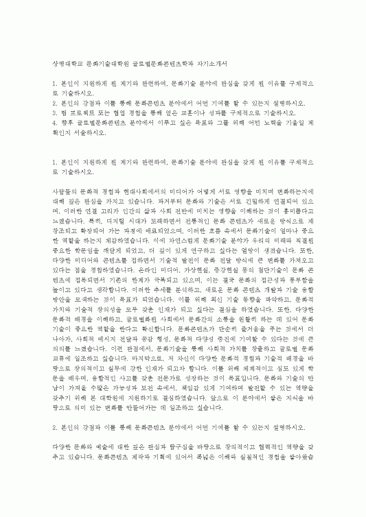 상명대학교 문화기술대학원 글로벌문화콘텐츠학과 자기소개서