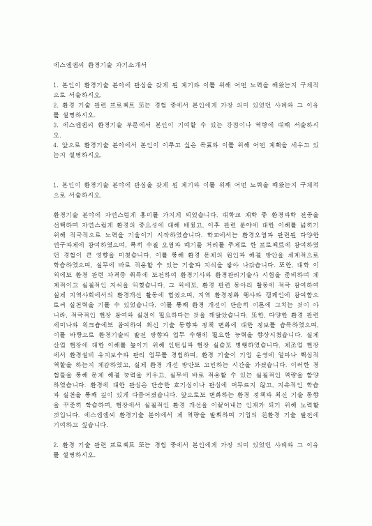 에스엔엔씨 환경기술 자기소개서