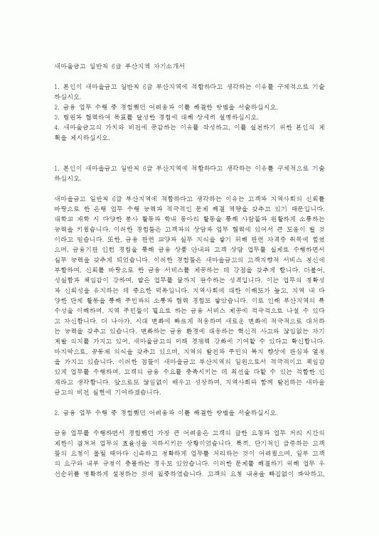 새마을금고 일반직 6급 부산지역 자기소개서