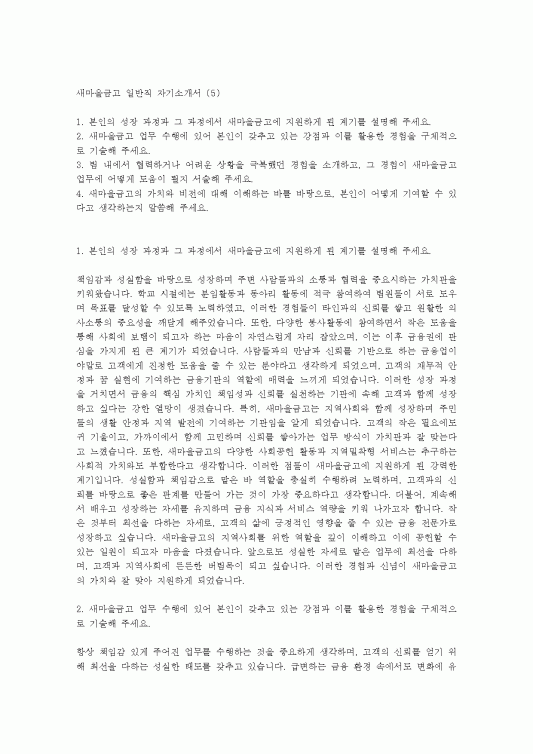 새마을금고 일반직 자기소개서 (5)
