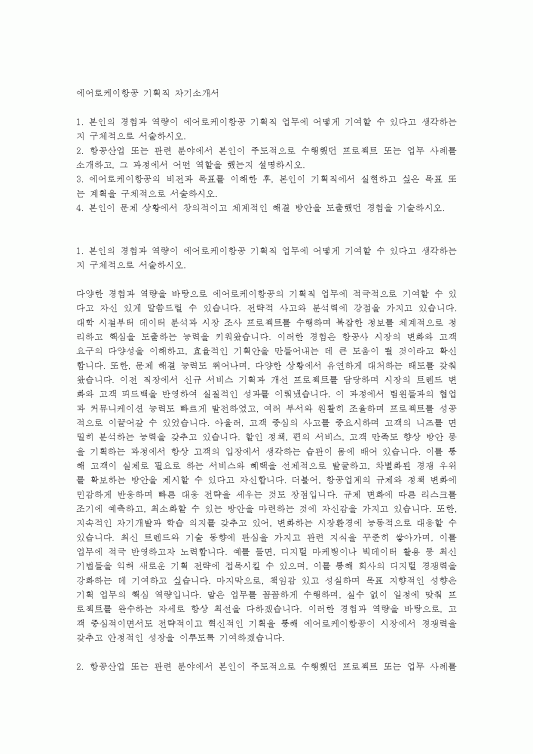 에어로케이항공 기획직 자기소개서