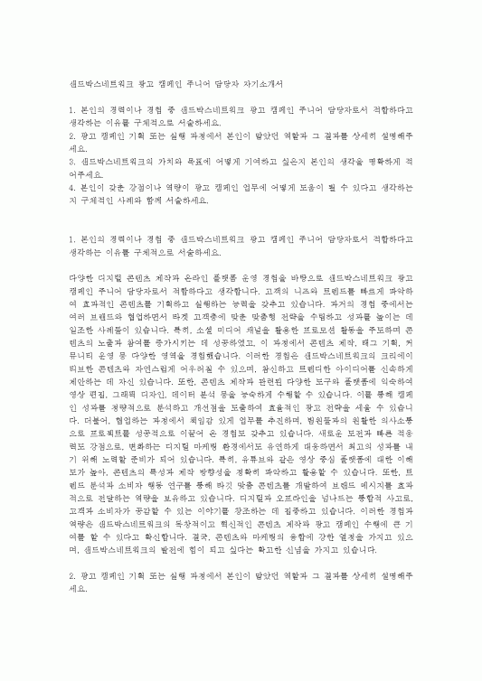 샌드박스네트워크 광고 캠페인 주니어 담당자 자기소개서