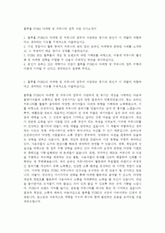 블루홀 PUBG 마케팅 및 커뮤니티 업무 지원 자기소개서
