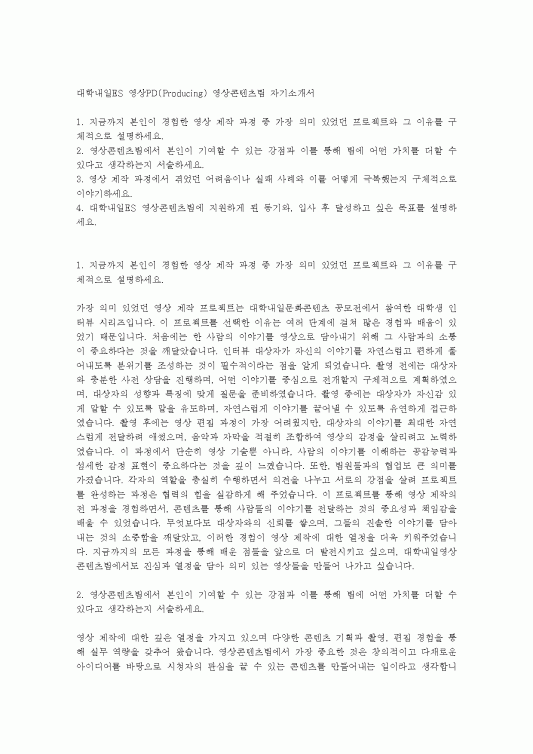 대학내일ES 영상PD(Producing) 영상콘텐츠팀 자기소개서