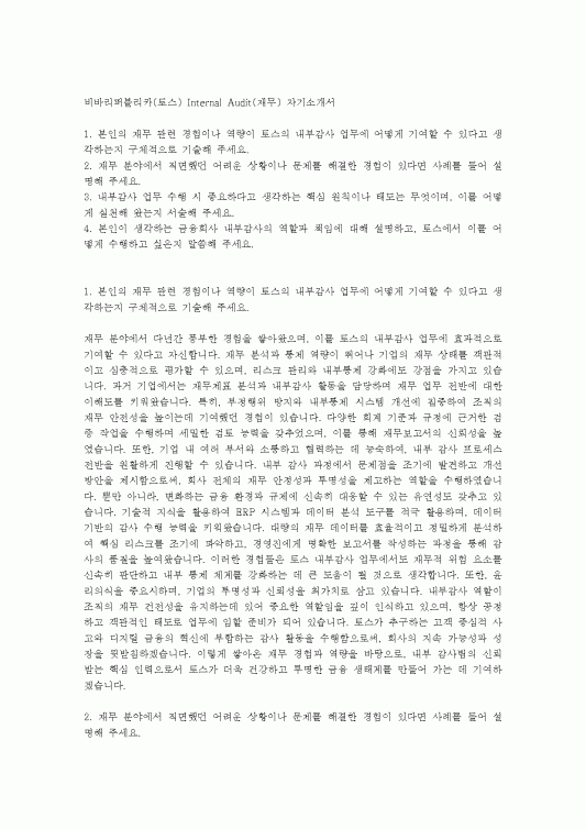 비바리퍼블리카(토스) Internal Audit(재무) 자기소개서