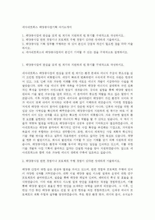 세아네트웍스 태양광사업기획 자기소개서