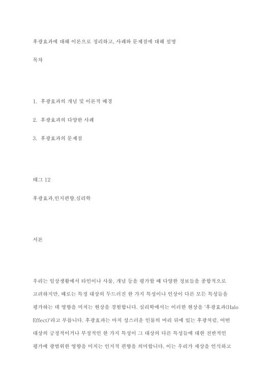 후광효과에 대해 이론으로 정리하고, 사례와 문제점에 대해 설명