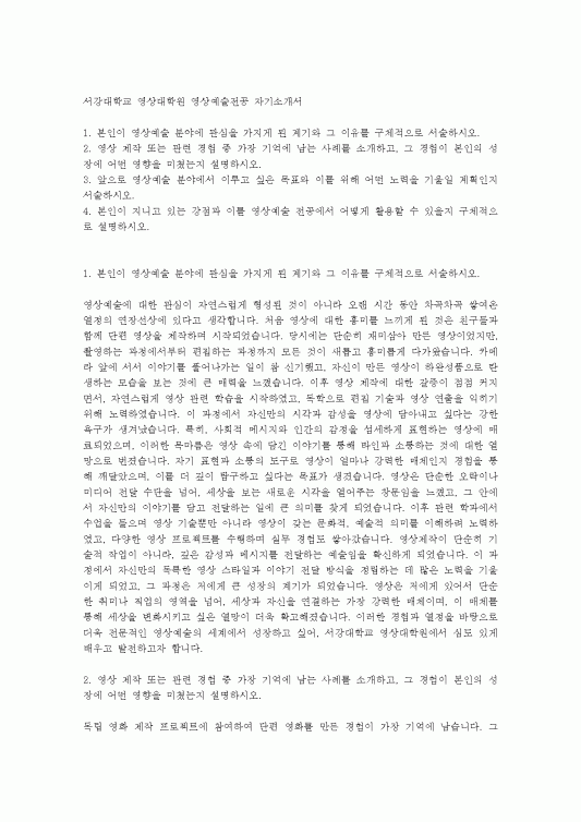 서강대학교 영상대학원 영상예술전공 자기소개서