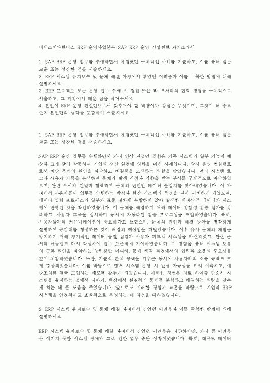 비에스지파트너스 ERP 운영사업본부 SAP 운영 컨설턴트 자기소개서