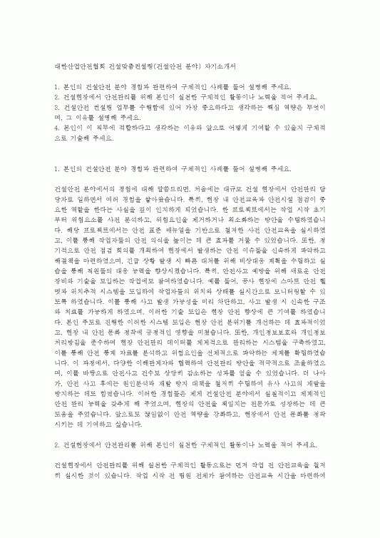 대한산업안전협회 건설맞춤컨설팅(건설안전 분야) 자기소개서