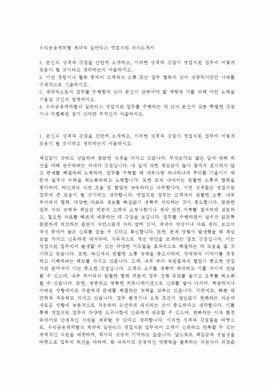 우리금융캐피탈 계약직 일반리스 영업지원 자기소개서