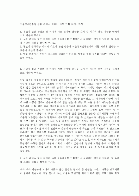 서울경제진흥원 실감 콘텐츠 미디어 아트 기획 자기소개서
