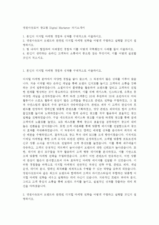 영원아웃도어 광고팀 Digital Marketer 자기소개서