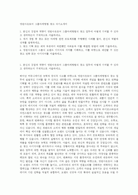 영원아웃도어 그룹마케팅팀 광고 자기소개서