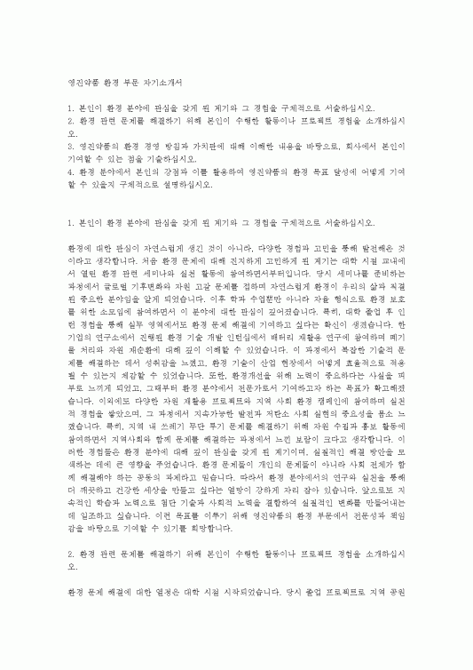 영진약품 환경 부문 자기소개서
