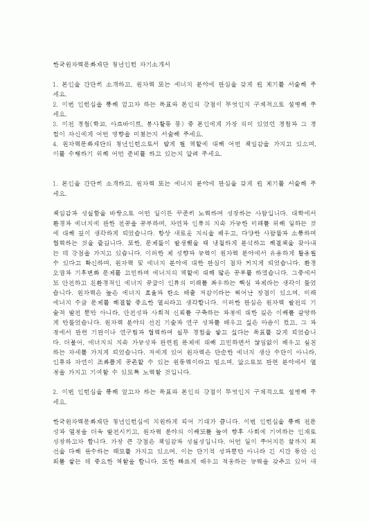 한국원자력문화재단 청년인턴 자기소개서