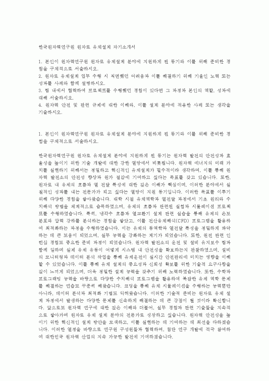 한국원자력연구원 원자로 유체설계 자기소개서