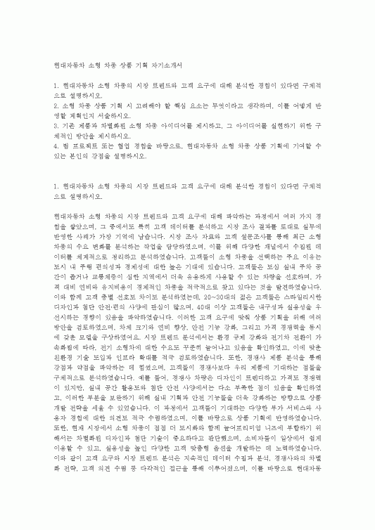 현대자동차 소형 차종 상품 기획 자기소개서