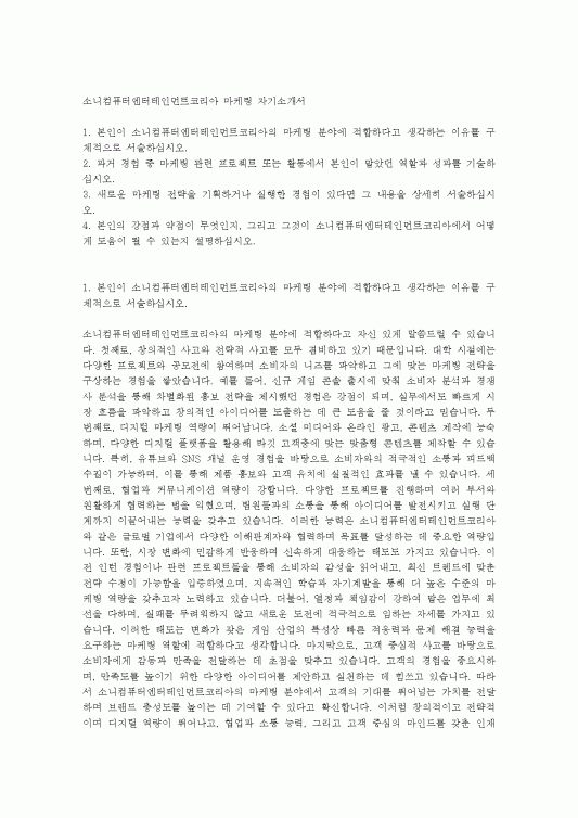 소니컴퓨터엔터테인먼트코리아 마케팅 자기소개서