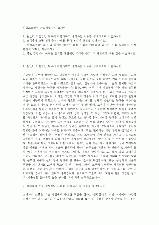 키엔스코리아 기술영업 자기소개서