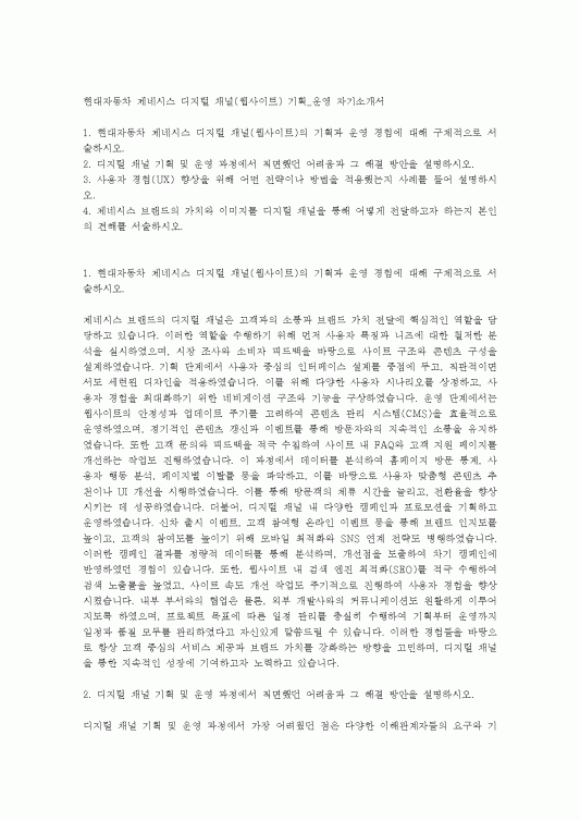 현대자동차 제네시스 디지털 채널(웹사이트) 기획_운영 자기소개서