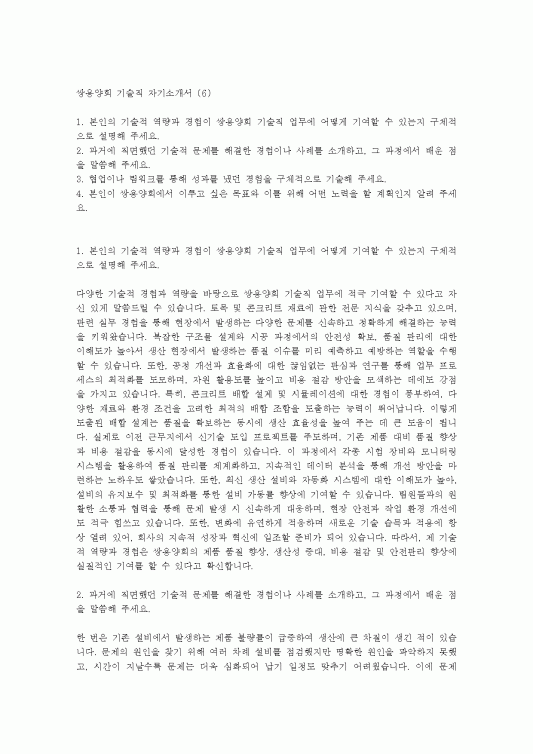 쌍용양회 기술직 자기소개서 (6)